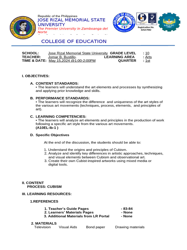 Lesson Plan Grade 10 - Process Cubism | PDF | Cubism | Cognition