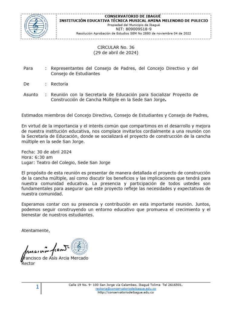 Circular No. 36 Del 29 de Abril, Proyecto Cancha Multiple | PDF Circular No. 36 Del 29 de Abril, Proyecto Cancha Multiple | PDF