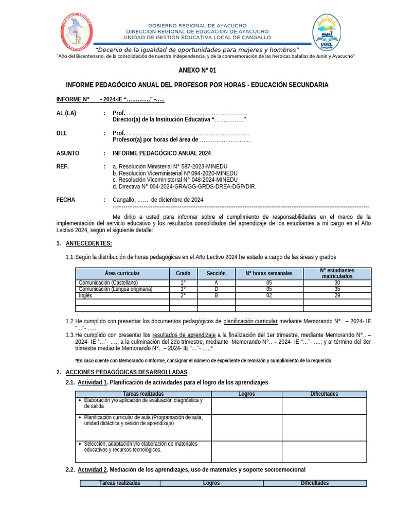 Informe Pedagógico Anual 2024 | PDF | Evaluación | Maestros