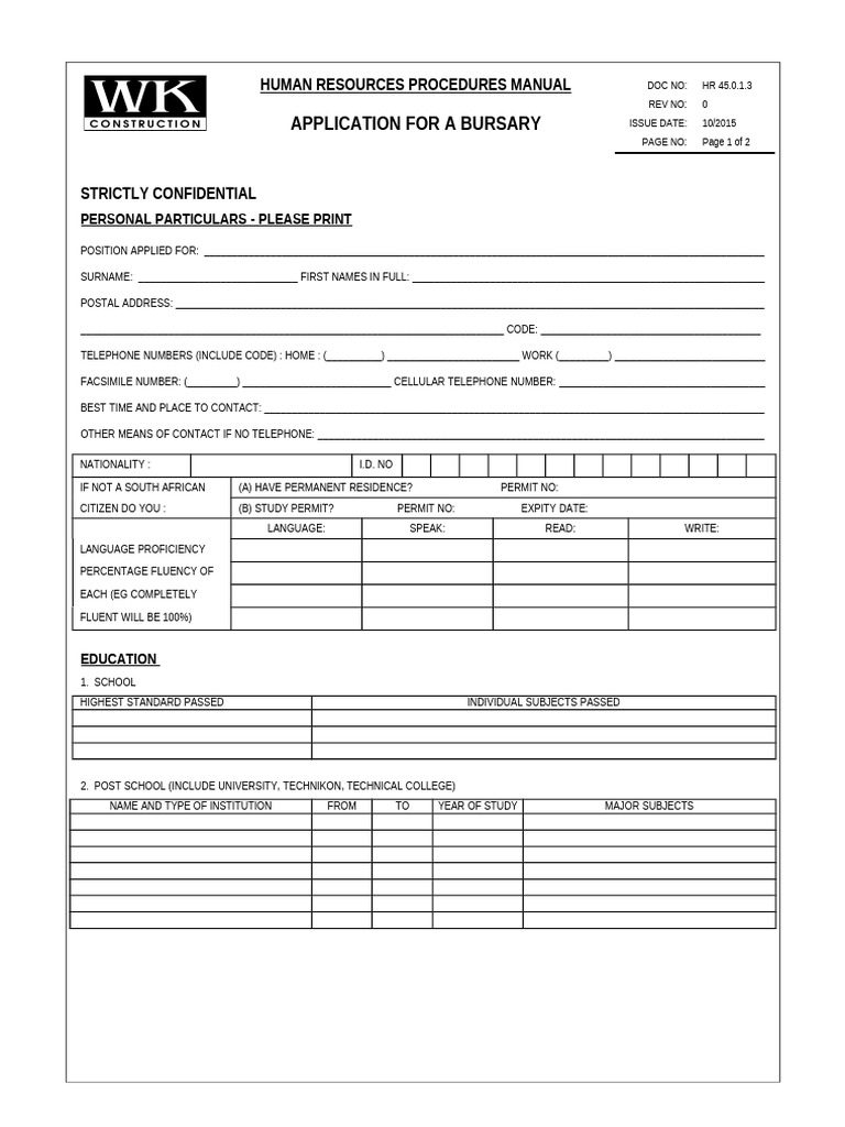 WK Construction Bursary Application Form 2021 | PDF | Fluency