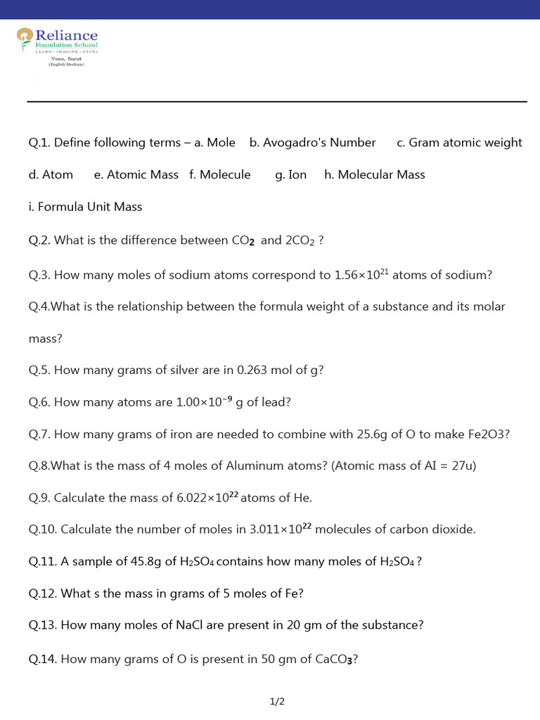 CLASS 9 CHEMISTRY CH.3. ATOMS AND MOLECULES -WORKSHEET (1) | PDF