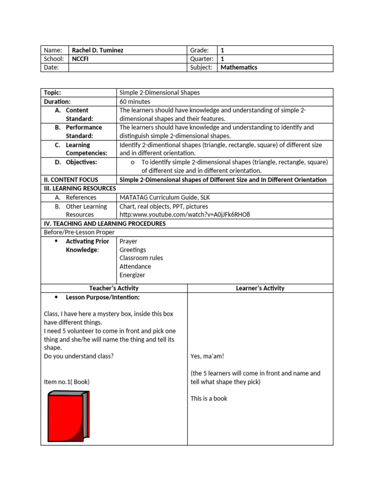 Matatag Lesson Plan in Math 1 2-Dimensional Shapes Final - 082902 | PDF | Learning | Shape