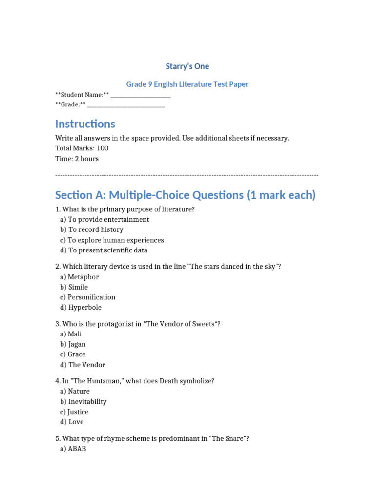 Grade 9 English Literature Test Paper | PDF | Poetry