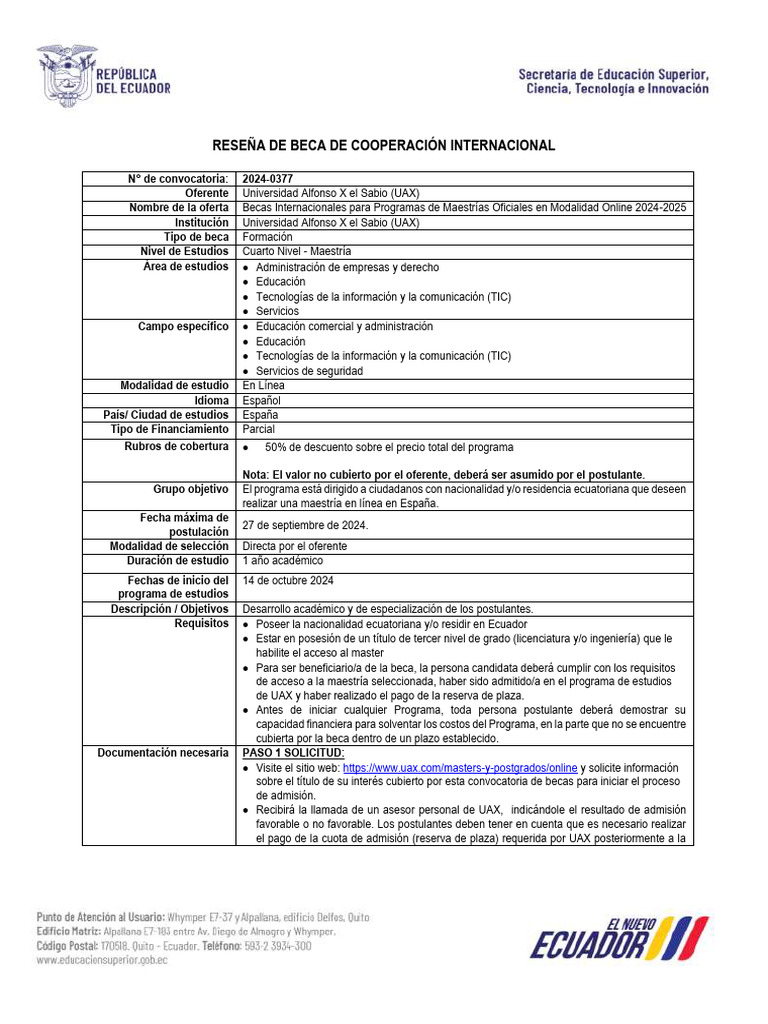 Reseña de La Oferta-377 Beca Maestria Online | PDF | Ecuador | Documento de identidad