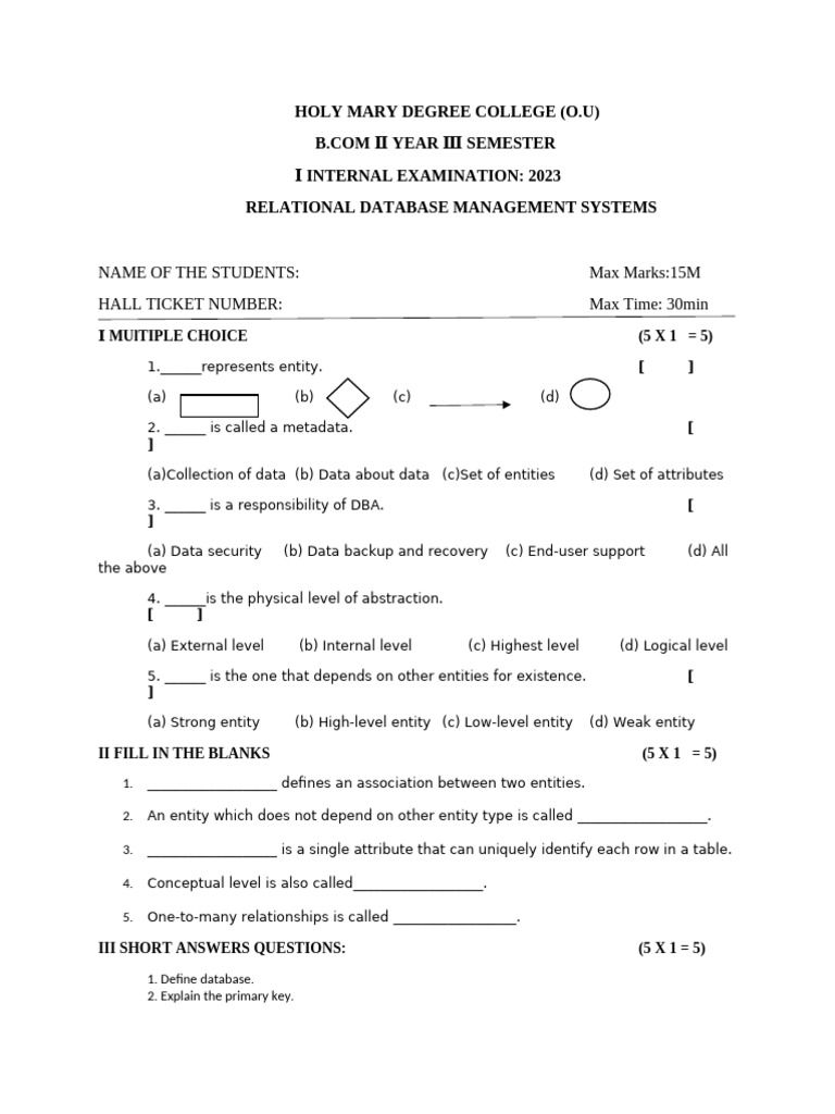 II Year III Semester (Internal Question Paper) | PDF