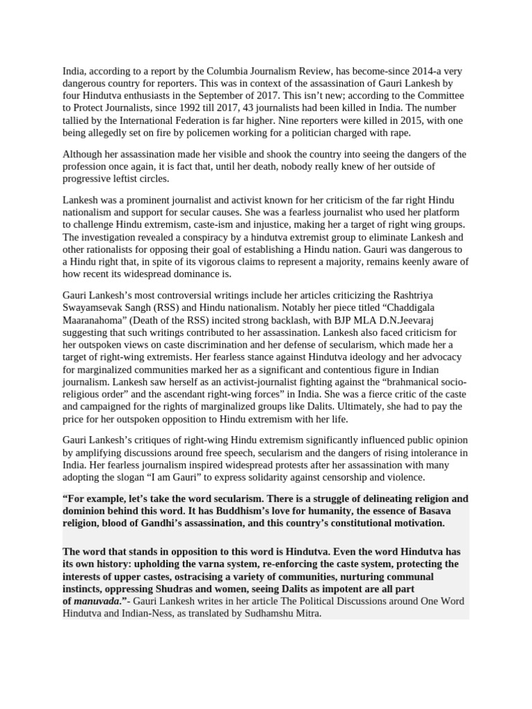 Gauri Lankesh-A Study | PDF | Extremism | Dalit