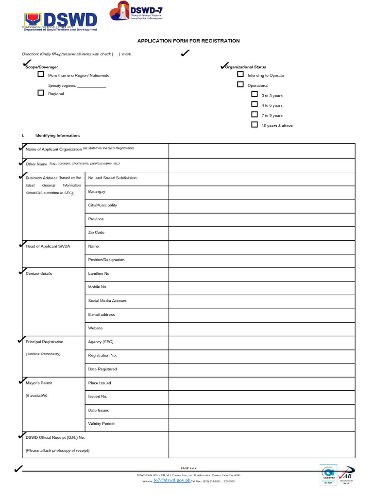 DSWD-SB-GF-100_REV 00_APPLICATION FORM FOR REGISTRATION (MC21 S2022) | PDF