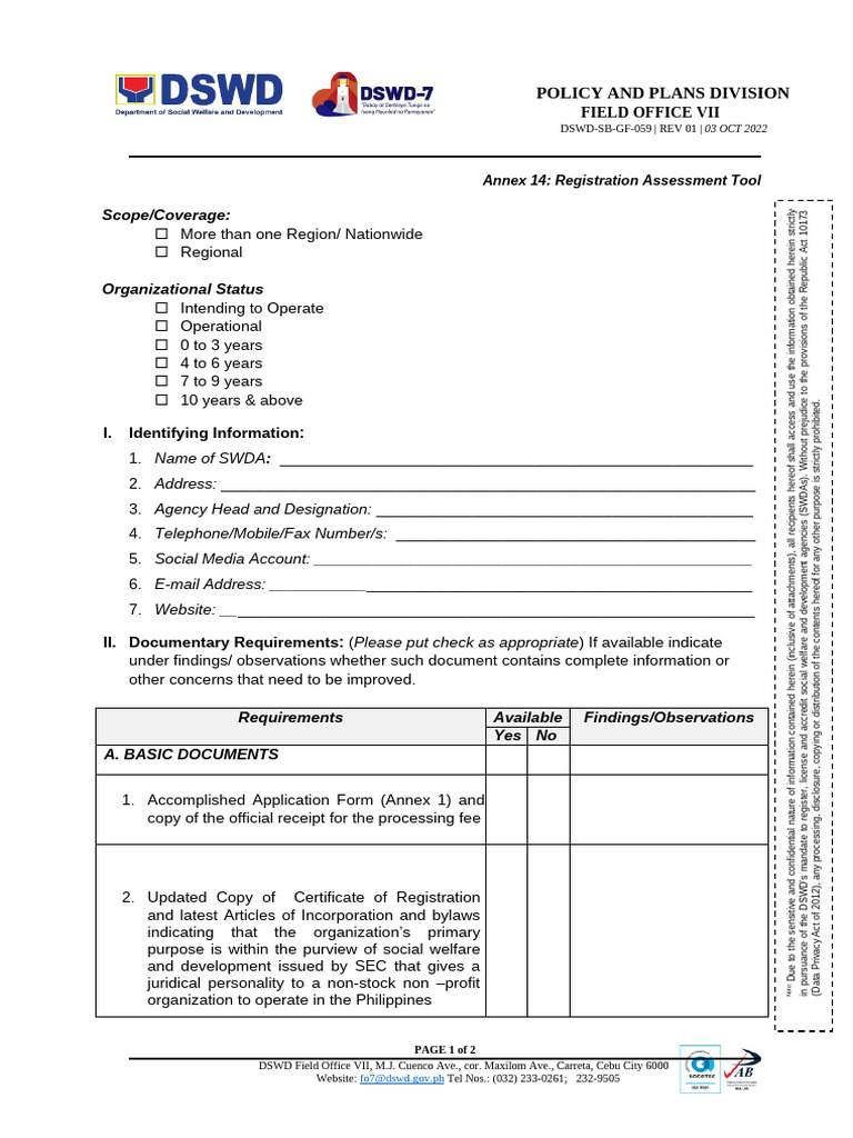 DSWD-SB-GF-059 - REV 01 - Registration Assessment Tool | PDF | Justice ...
