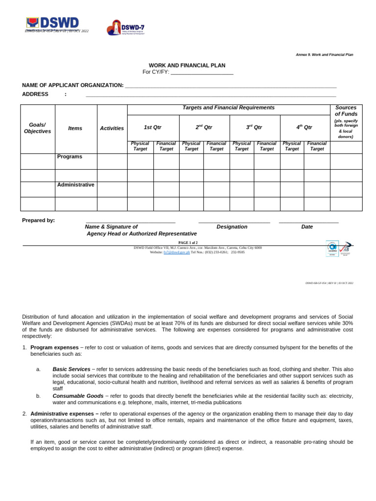 DSWD-SB-GF-054 - REV 01 - Work and Financial Plan | PDF | Economies