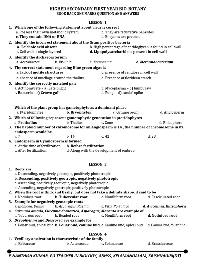 11th Bio Botany Book Back 1 Mark Questions With Answer Key English ...