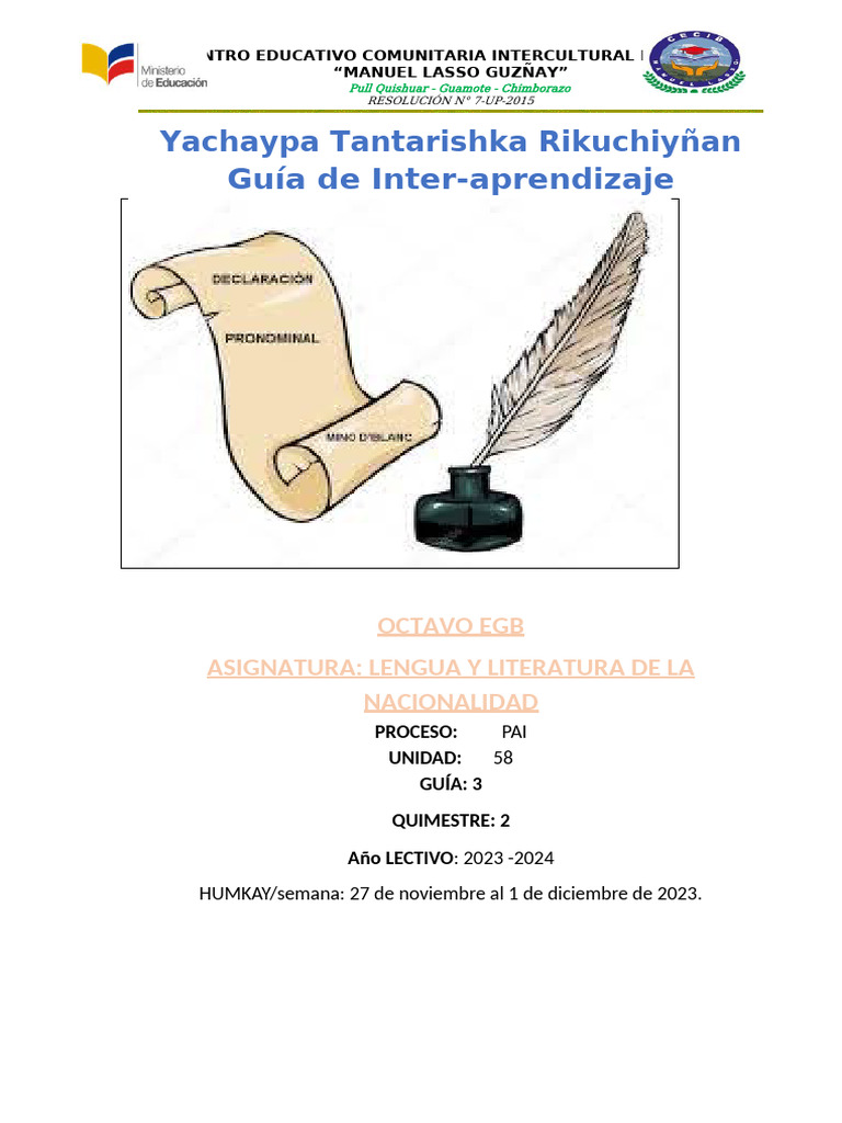 Guia C3 - Unidad 58 - Kichwa - 8vo | PDF | Verbo | Pronombre