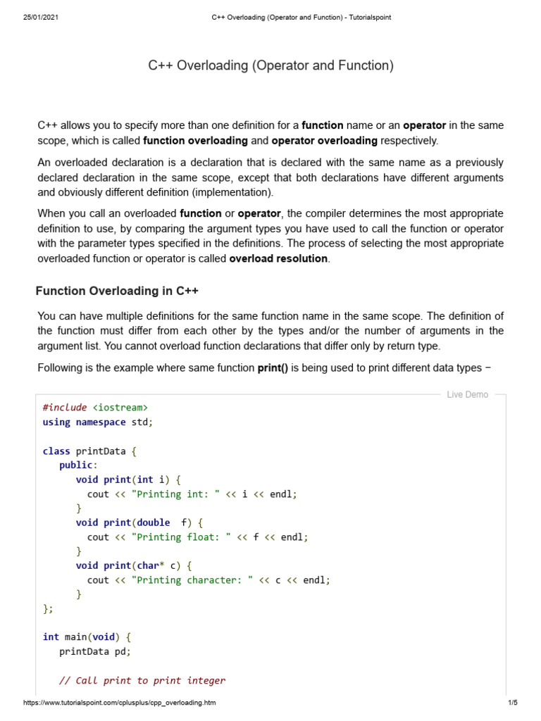C Overloading Operator And Function Tutorialspoint Pdf Parameter Computer Programming