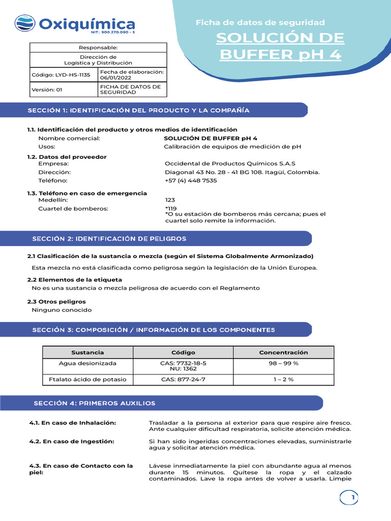 Ficha de Seguridad: Solución Buffer pH 4 | PDF | Combustión | Agua
