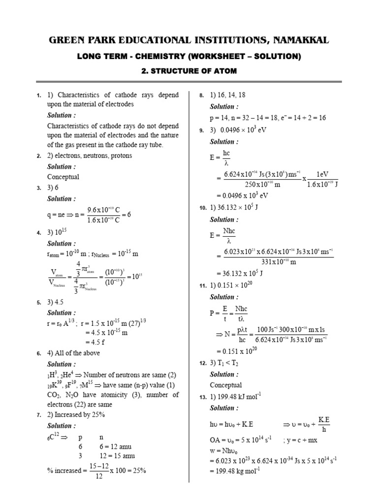Chemistry - LT - 2. Structure of Atom - Answer Key | PDF | Atomic ...