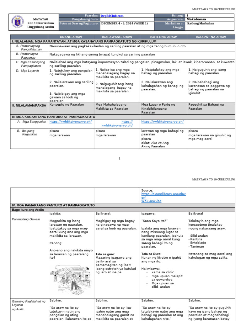 DLL Matatag - Makabansa 1 - Q3 - W1 | PDF