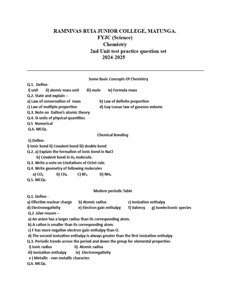 Practice Question Set 2nd Unit | PDF | Ion | Chemical Bond