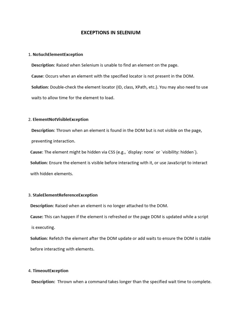 Exceptions_in_selenium_1729655751 | PDF | Document Object Model ...