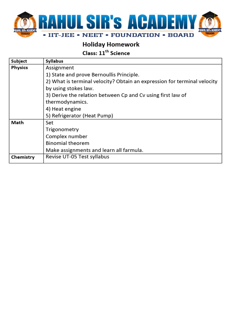 11th Science Holiday Homework | PDF