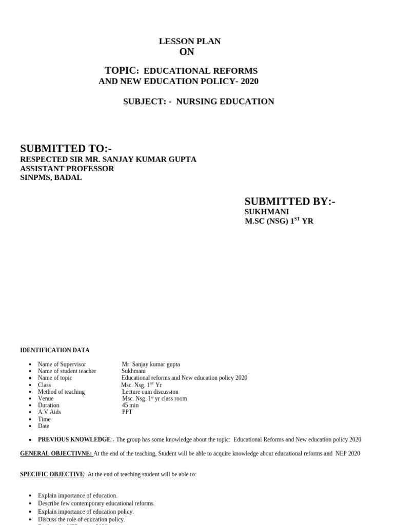 NEP 2020 Lesson Plan for Nursing Education | PDF | Education Policy ...