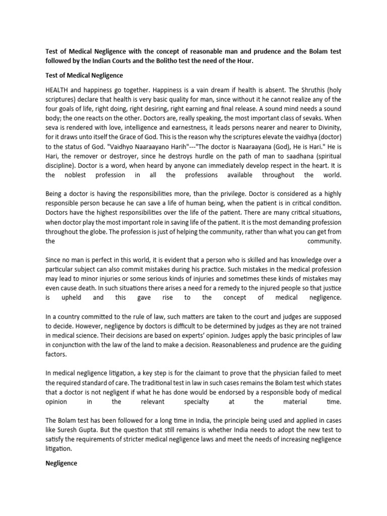 Test of Medical Negligence With The Concept of Reasonable Man and ...