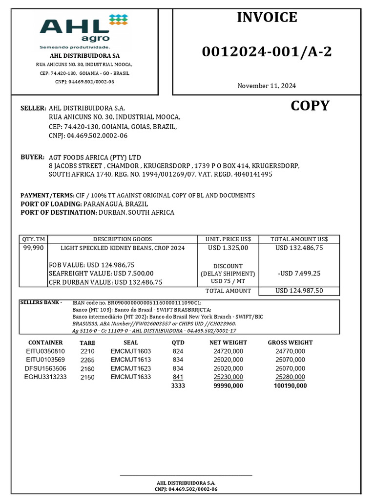 DRAFT INVOICE - AHL - 0012024001 A 2 | PDF | Trade