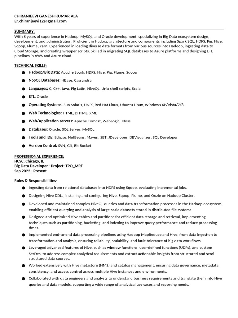 Resume_Chiranjeevi | PDF | Apache Hadoop | Apache Spark