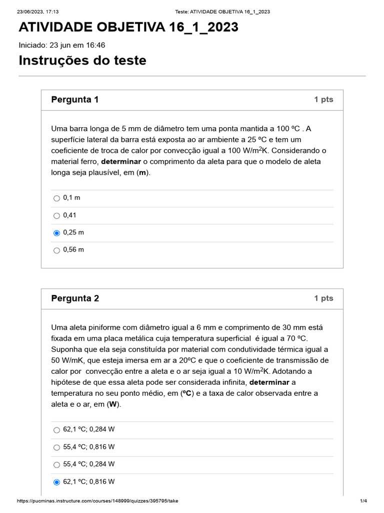 Teste Atividade Objetiva 16 1 2023 2 Pdf Transferência De Calor