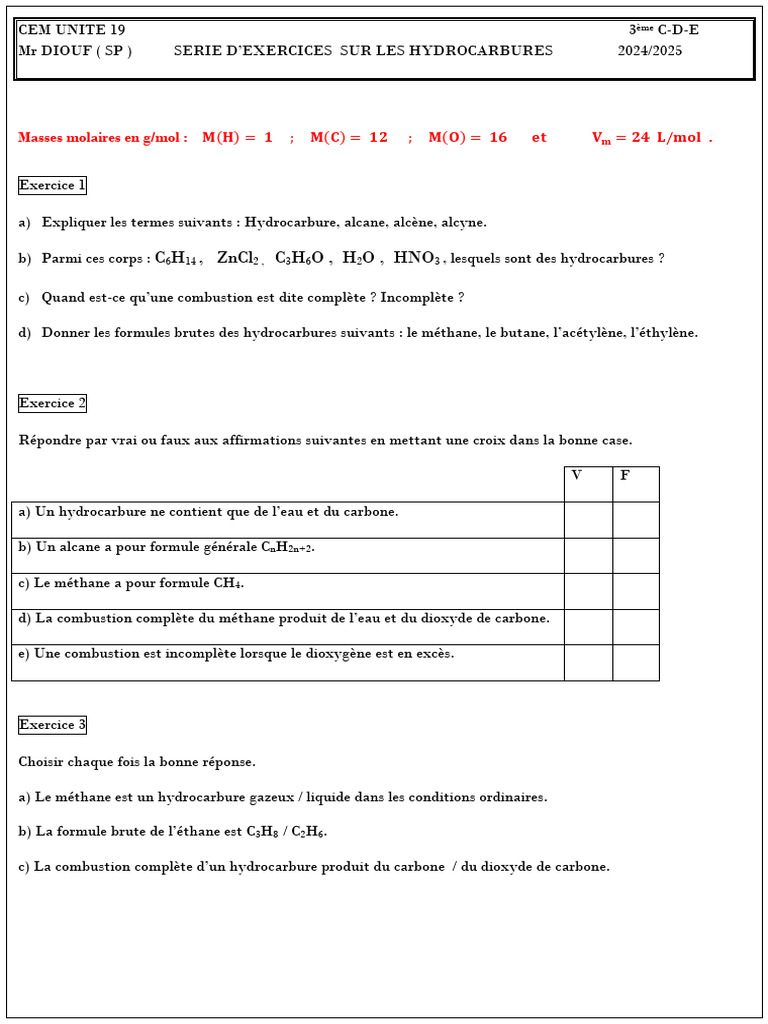 Exercices sur les hydrocarbures 3ème | PDF | Alcane | Hydrocarbures