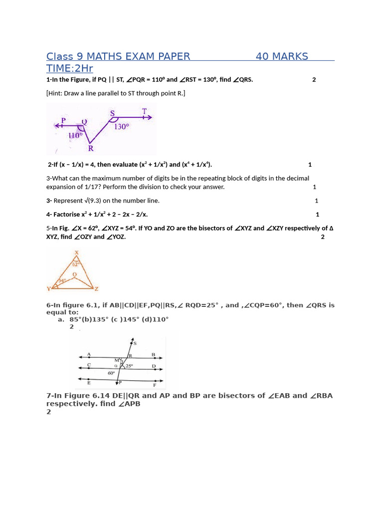 Class 9 MATHS EXAM PAPER 40 MARKS TIME | PDF | Mathematics | Elementary Geometry