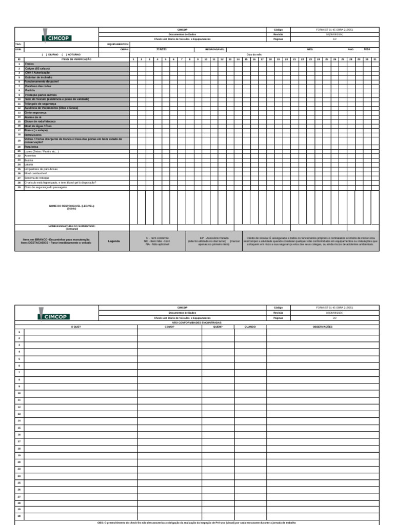 Form - Ist 01-45 Obra 251 Check List Veiculo Leve | PDF