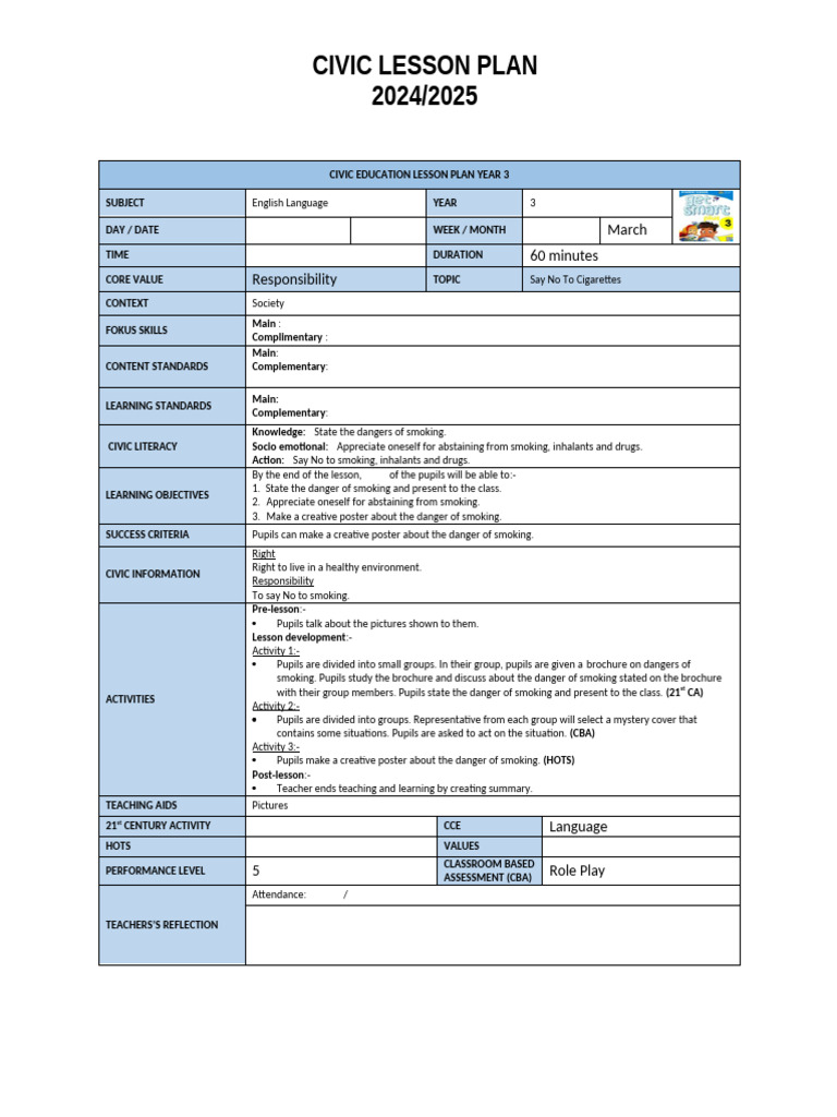 Year 3 Civic Lesson: Say No to Smoking | PDF | Lesson Plan | Teachers