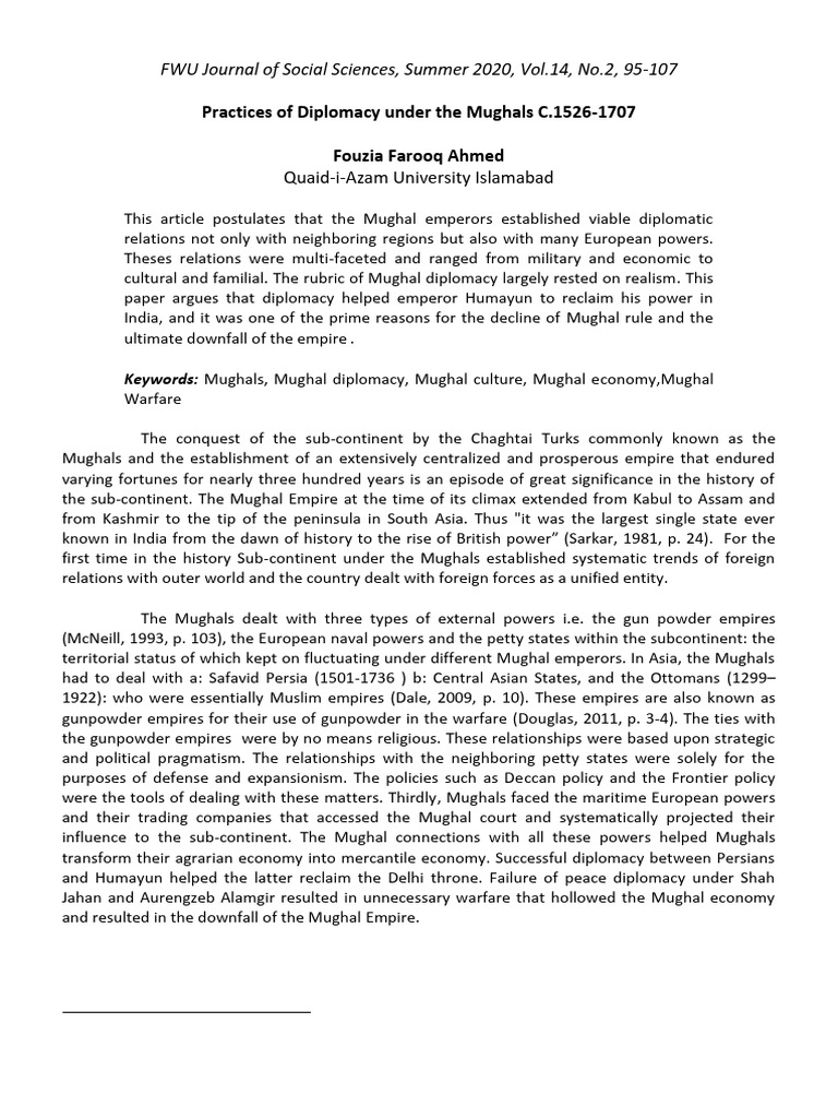 Mughal Diplomacy: 1526-1707 Insights | PDF | Mughal Empire