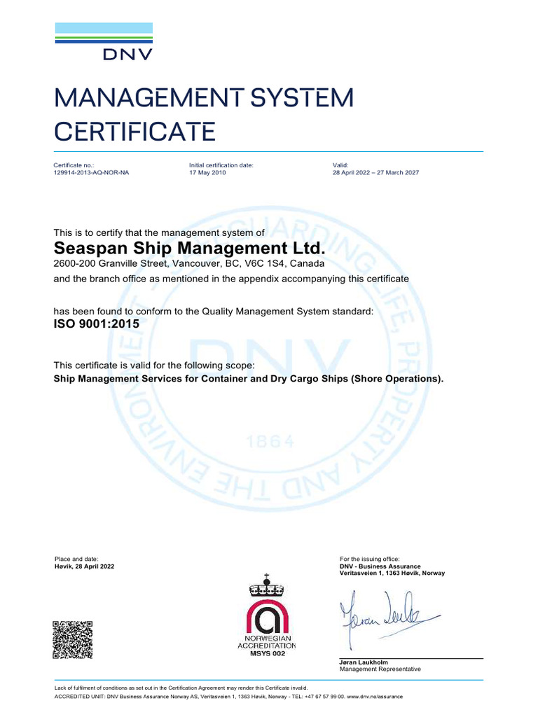 RF 009 Iso 9001 2015 Certification Seaspan Ship Management LTD v6 | PDF | Iso 9000 | Certification