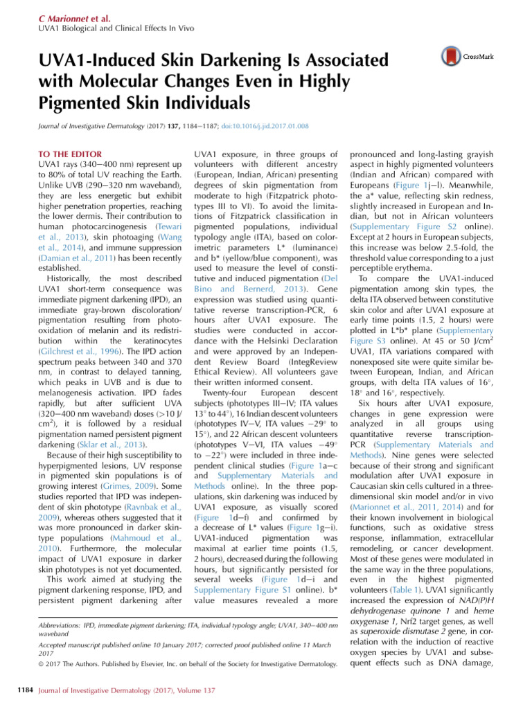 UVA1-Induced Skin Darkening Is Associated With Molecular Changes Even ...