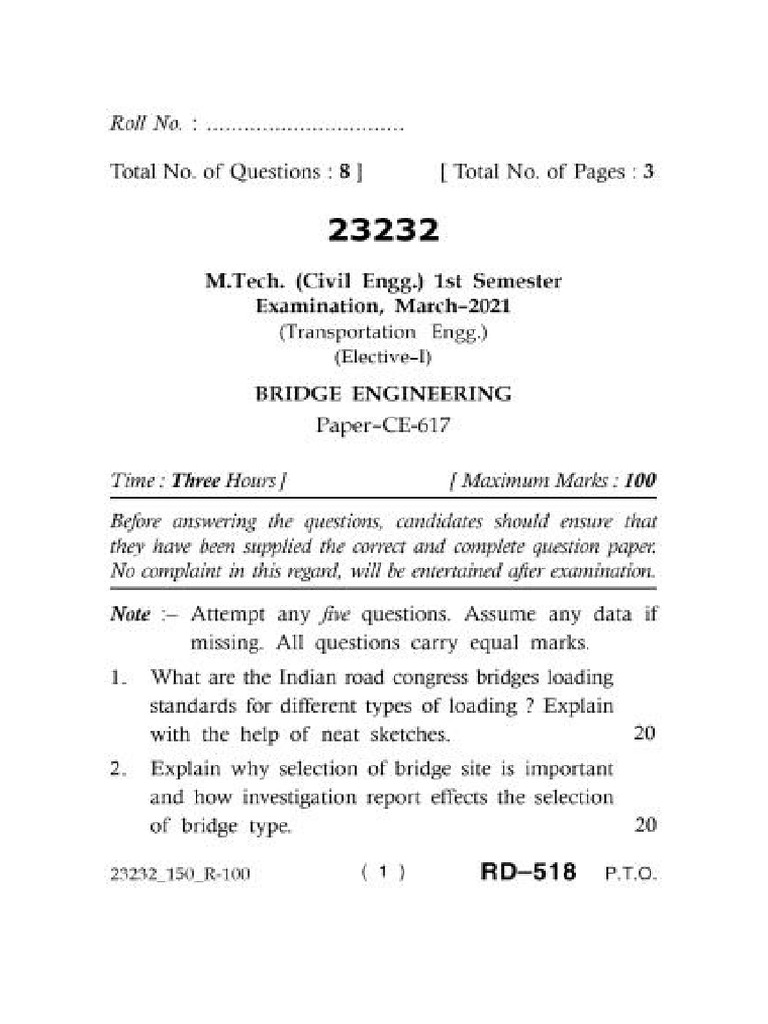 2021 M.tech. (Civil Engg.) 1ST Semester Bridge Engineering | PDF