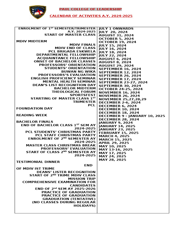 Calendar of Activities 2024 2025 | PDF | Academic Term | Vocational ...