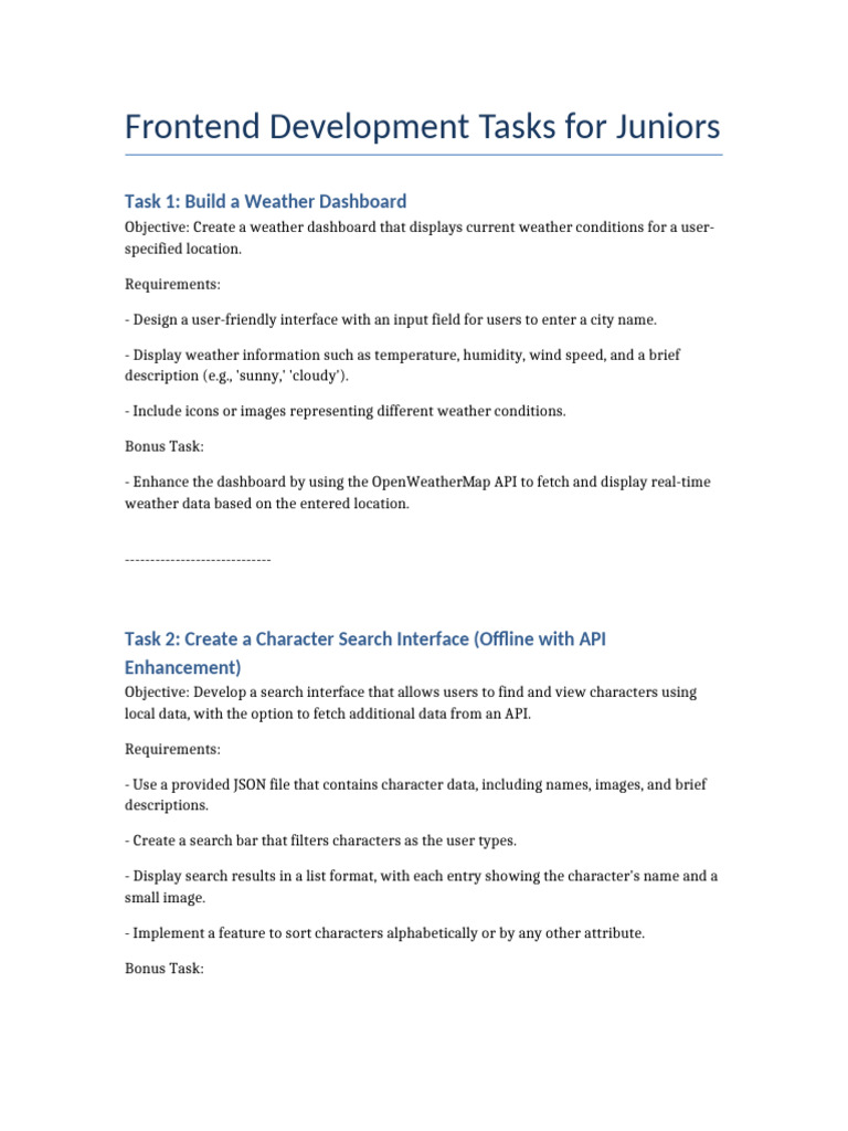 Frontend Development Tasks For Juniors | PDF