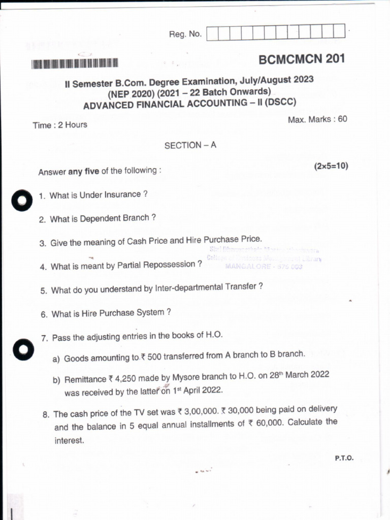 BCOM II Semester Advanced Financial Accounting NEP July 2023 | PDF