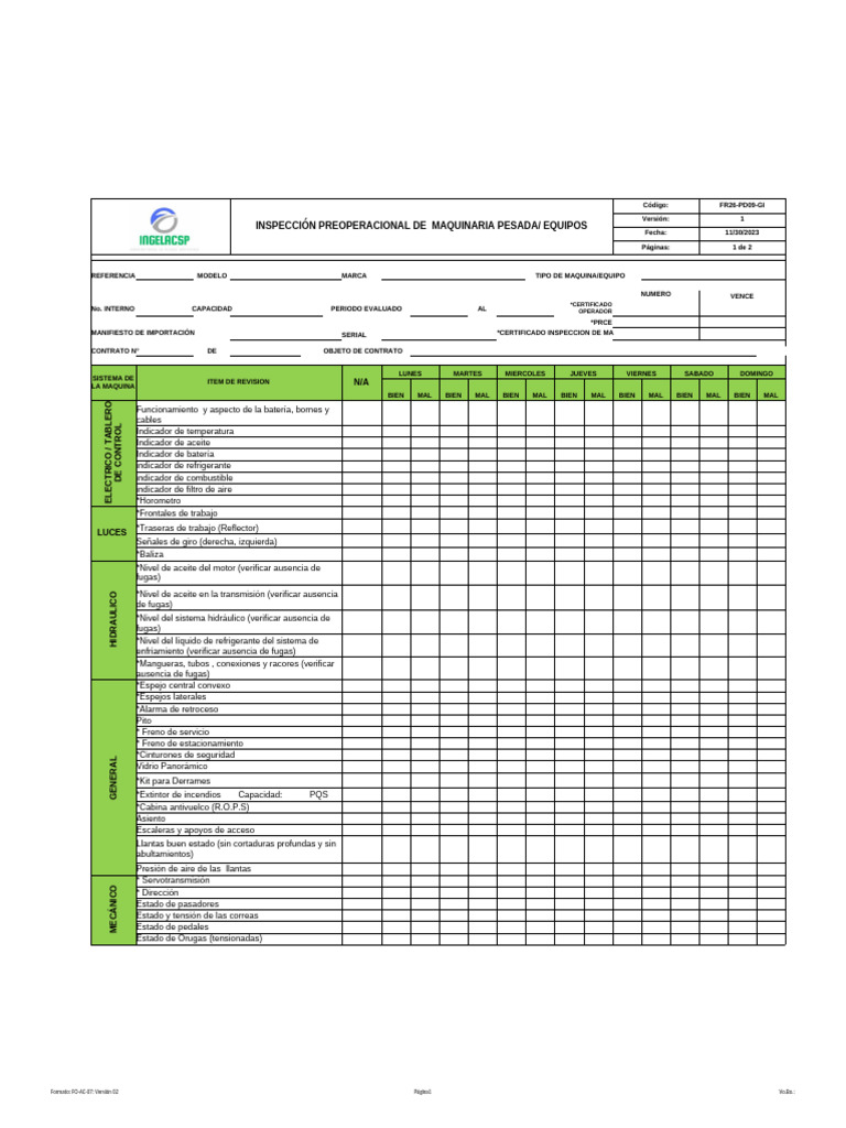 Fr26-Pd09-Gi Inspección Preoperacional de Maquinaria Pesada Equipos ...