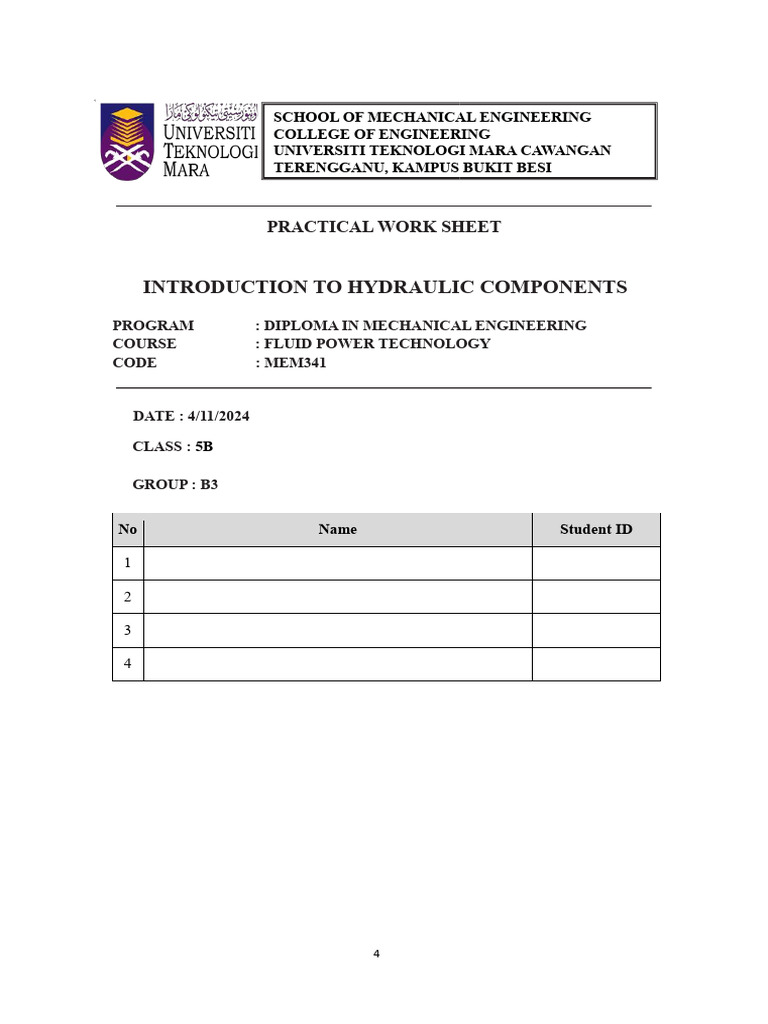 Introduction to Hydraulic Components Lab Report MEM341 | PDF | Valve ...