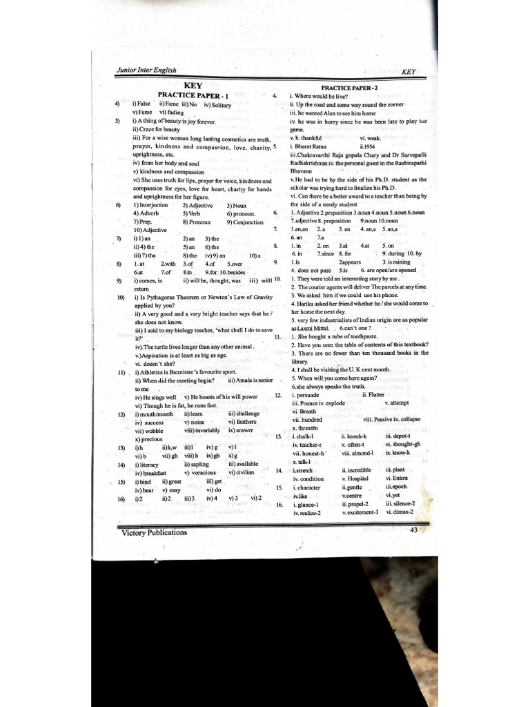 English Grammar Key For 14 Practice Sheets | PDF
