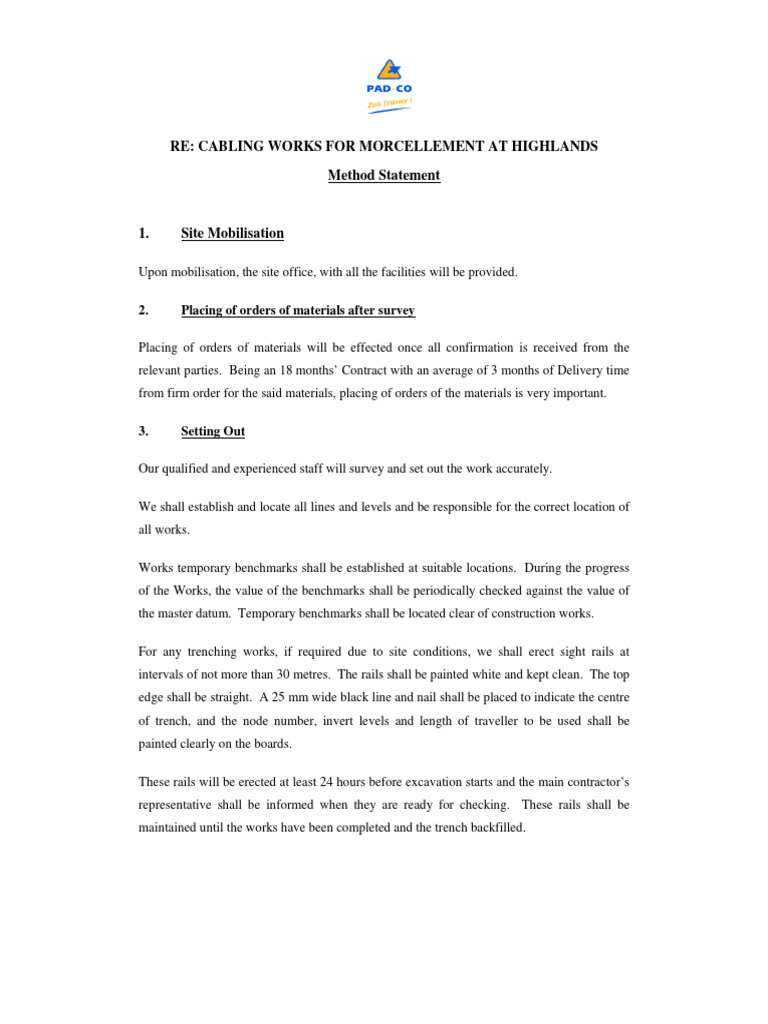 Method Statement - Cabling Works For Morcellement at Highlands | PDF | Environmental Issues