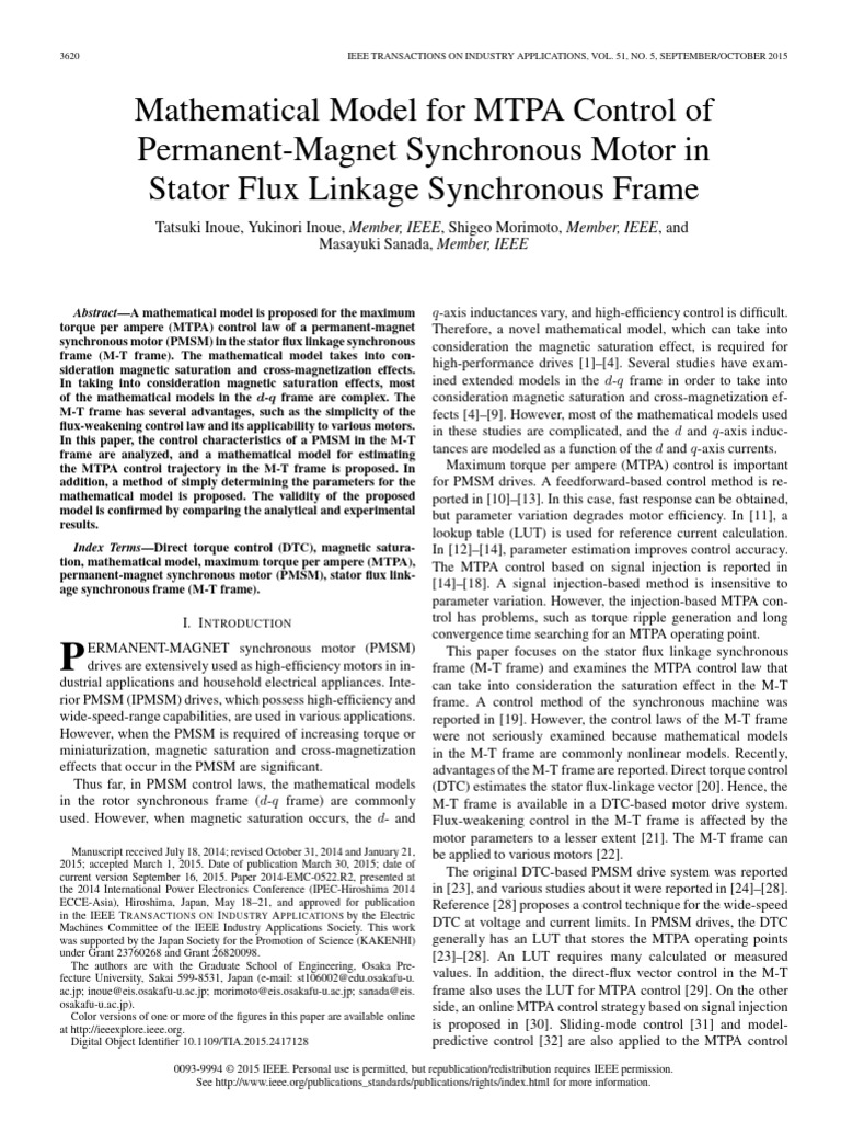 Mathematical Model For MTPA Control of Permanent-Magnet Synchronous ...