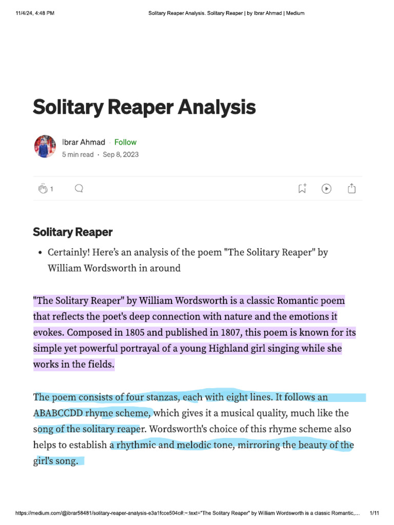 The Solitary Reaper Analysis | PDF