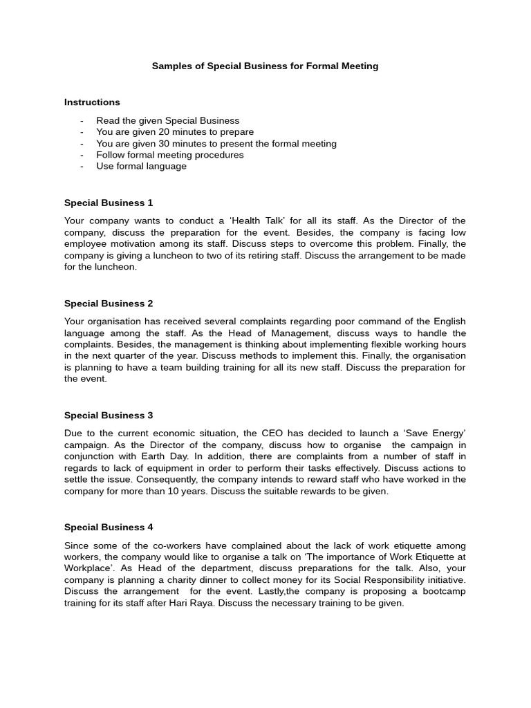 Samples of Special Business For Formal Meeting | PDF | Labor ...