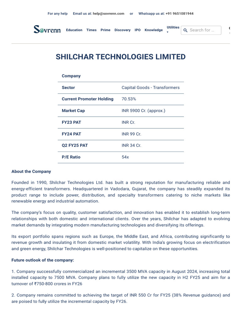 Shilchar Technologies Limited | PDF | Investing | Business