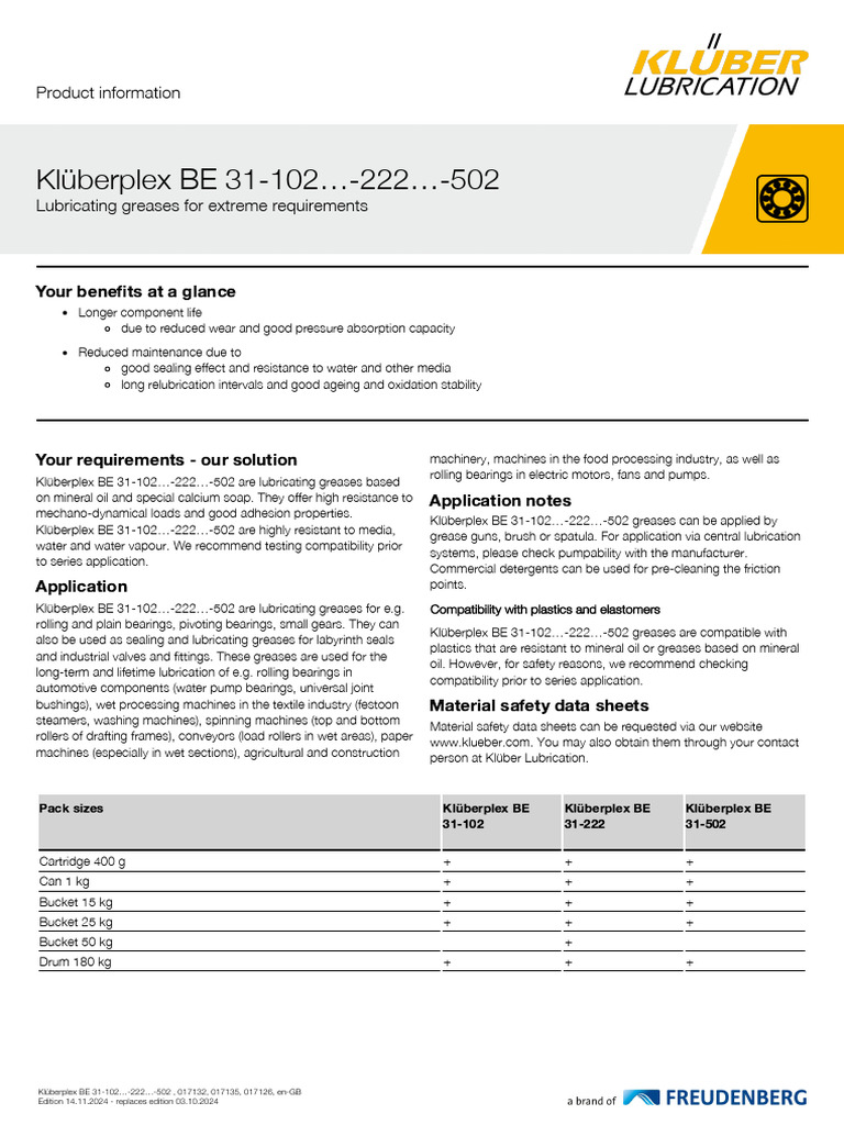 Klueberplex BE 31-102-222-502 017126 PI GB en | PDF | Bearing (Mechanical) | Lubricant