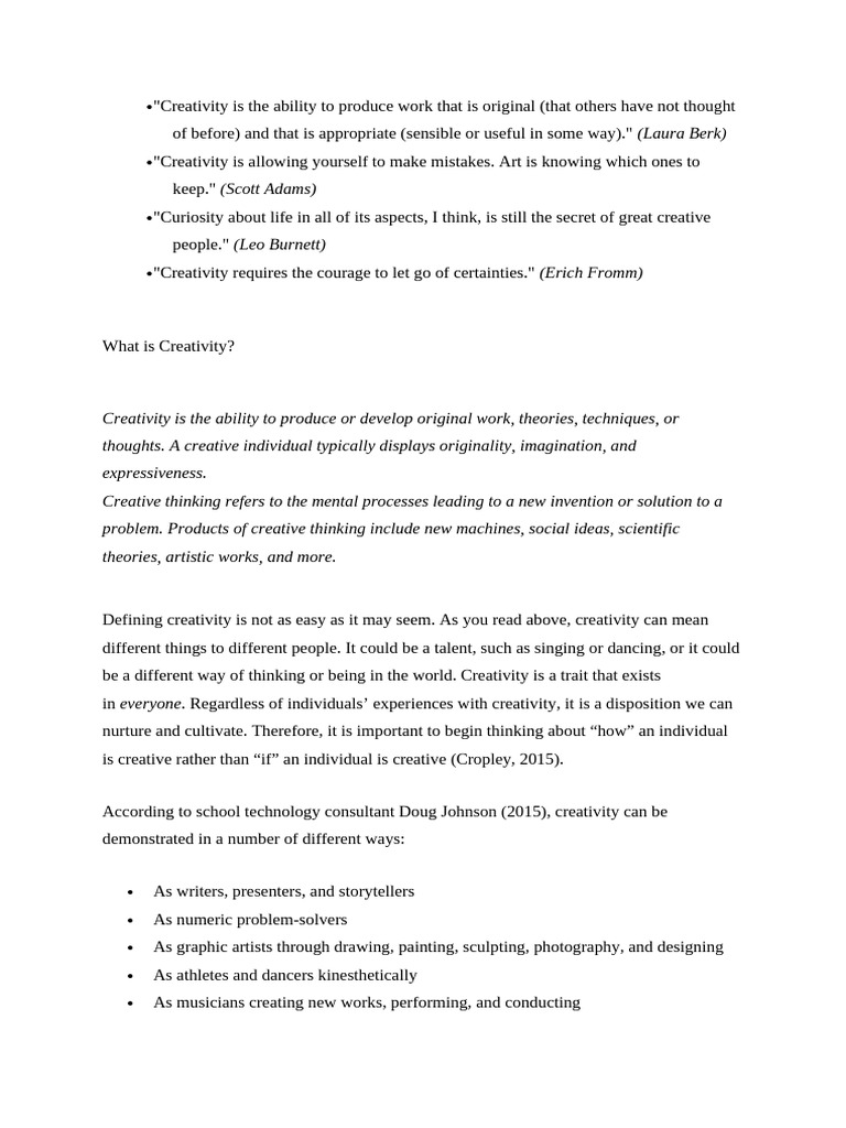 Creativity Is The Ability To Produce Work That Is Original | PDF ...