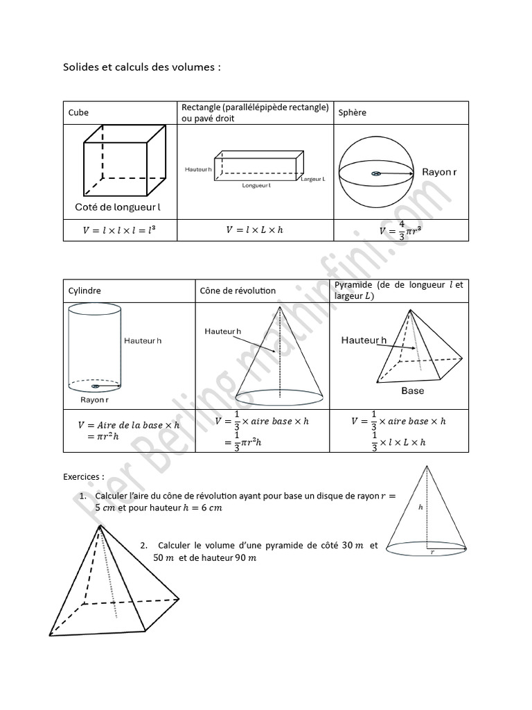 Calculs de volumes de solides et exercices | PDF