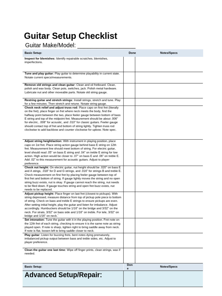 Guitar Setup Checklist | PDF | Guitars | Necked Lutes